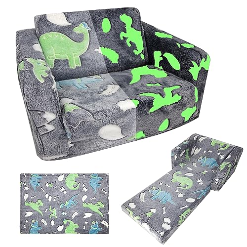 Asou Kids Sofa Toddlers Sofa with Blanket Glow in The Dark Kids Couch Fold Out Toddlers Play Couch Mini Dinosaur Couch for Kids Toddlers