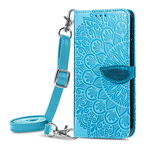 ONV Wallet Case for Oppo Realme C11-1.5M Adjustable Strap Emboss Feather Flip Phone Case Card Slot Magnet Leather Shell Flip Stand Cover for Oppo Realme C11 [MZY] -Blue