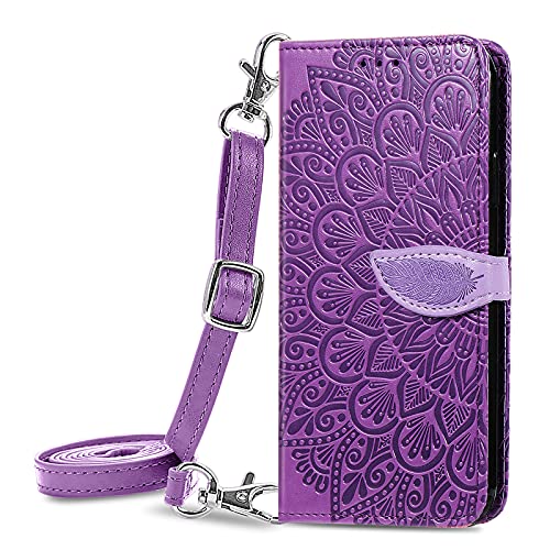 ONV Wallet Case for Oppo Realme 7 Pro -1.5M Adjustable Strap Emboss Feather Flip Phone Case Card Slot Magnet Leather Shell Flip Stand Cover for Oppo Realme 7 Pro [MZY] -Purple