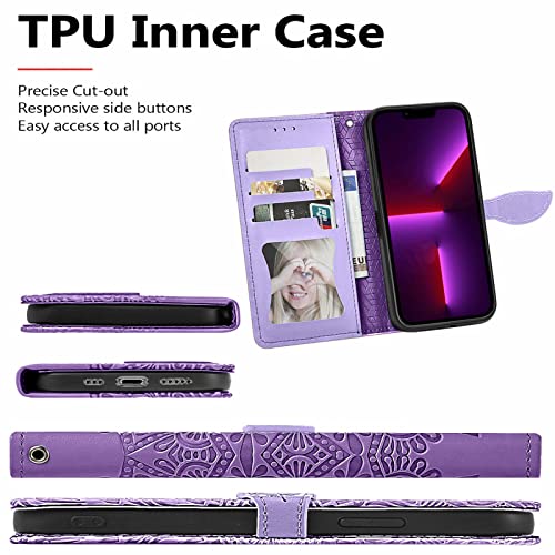 ONV Wallet Case for Oppo Realme 7 Pro -1.5M Adjustable Strap Emboss Feather Flip Phone Case Card Slot Magnet Leather Shell Flip Stand Cover for Oppo Realme 7 Pro [MZY] -Purple