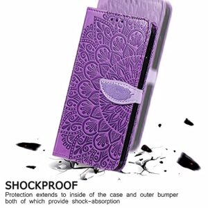 ONV Wallet Case for Oppo Realme 7 Pro -1.5M Adjustable Strap Emboss Feather Flip Phone Case Card Slot Magnet Leather Shell Flip Stand Cover for Oppo Realme 7 Pro [MZY] -Purple