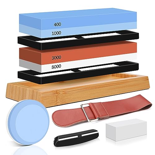 Whetstone Knife Sharpening Stone Kit, Professional Whetstone Knife Sharpener, Premium 4 Side Grit 400/1000 3000/8000 Waterstone, Sharpening Stone Set with Flattening Stone, Angle Guide, Leather Strop