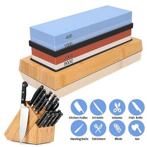 Whetstone Knife Sharpening Stone Kit, Professional Whetstone Knife Sharpener, Premium 4 Side Grit 400/1000 3000/8000 Waterstone, Sharpening Stone Set with Flattening Stone, Angle Guide, Leather Strop