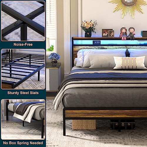 Homieasy Full Size Bed Frame with Charging Station and Led Lights, Industrial Metal Platform Bed with Storage Headboard, Steel Slat Support, No Box Spring Needed, Noise-Free, Black Oak