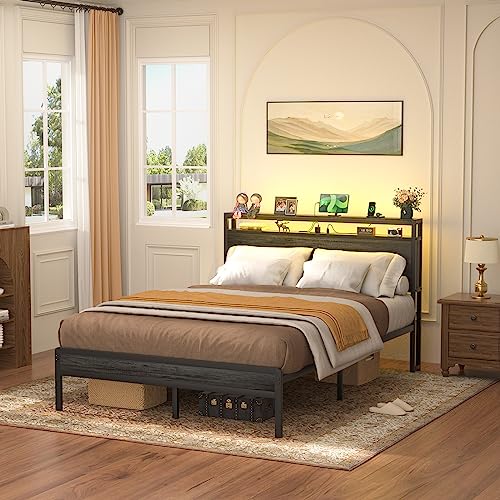 Homieasy Full Size Bed Frame with Charging Station and Led Lights, Industrial Metal Platform Bed with Storage Headboard, Steel Slat Support, No Box Spring Needed, Noise-Free, Black Oak