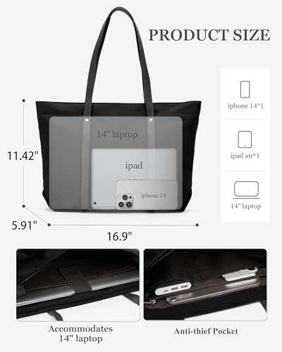 Laptop Tote Bag for Women Black Shoulder Work Computer Bag Briefcase Laptop Case Waterproof Teacher Tote Office Bag Lightweight Large Travel Weekender Bags Handbags Work Bags for Women Professional