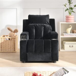 AnwickNomo Modern Kids Velvet Recliner Chair with Two Cup Holder, Adjustable Kids Upholstered Couch with Headrest Footrest and Backrest for Toddler Boys and Girls (Black)