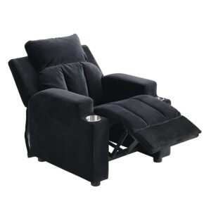 AnwickNomo Modern Kids Velvet Recliner Chair with Two Cup Holder, Adjustable Kids Upholstered Couch with Headrest Footrest and Backrest for Toddler Boys and Girls (Black)