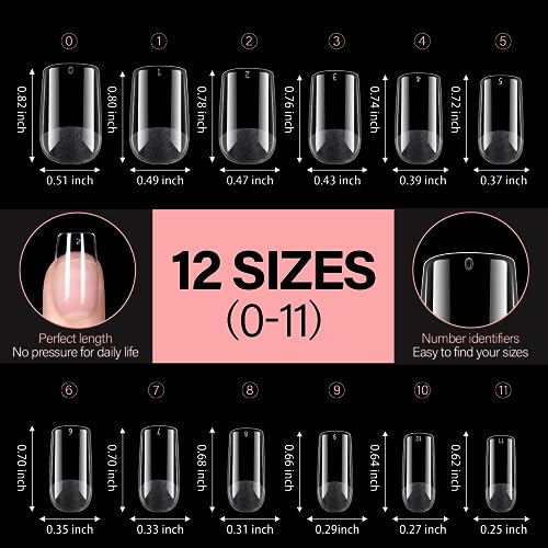 AILLSA Short Square Nail Tips Soft Gel Full Cover Clear Gelly Nail Tips Half Matte Acrylic Nail Tips Pre-Filed Fake Press on Nail Tips for Extension Nails Home DIY Salon Manicure Ideal Gifts 216PCS 12 Sizes