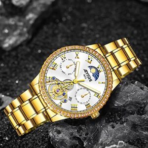 AIYISHI Unisex Golden Watches Luxury Diamond Fashion Waterproof Stainless Steel Luminous Calendar Date Quartz Wrist Watch for Men and Women