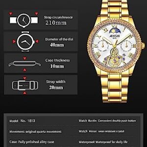 AIYISHI Unisex Golden Watches Luxury Diamond Fashion Waterproof Stainless Steel Luminous Calendar Date Quartz Wrist Watch for Men and Women