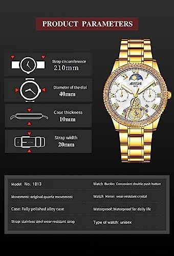 AIYISHI Unisex Golden Watches Luxury Diamond Fashion Waterproof Stainless Steel Luminous Calendar Date Quartz Wrist Watch for Men and Women