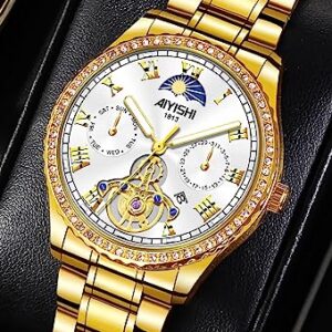 AIYISHI Unisex Golden Watches Luxury Diamond Fashion Waterproof Stainless Steel Luminous Calendar Date Quartz Wrist Watch for Men and Women