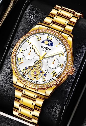 AIYISHI Unisex Golden Watches Luxury Diamond Fashion Waterproof Stainless Steel Luminous Calendar Date Quartz Wrist Watch for Men and Women