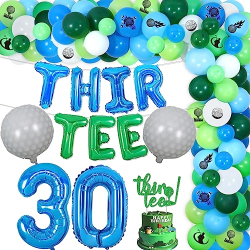 Golf 30th Birthday Decorations for Men, Thir-Tee Balloon Garland Kit with Glitter Thirtee Cake Topper, Golf Ball Balloons, Number 30 Balloon, Sports 30th Birthday Party Supplies