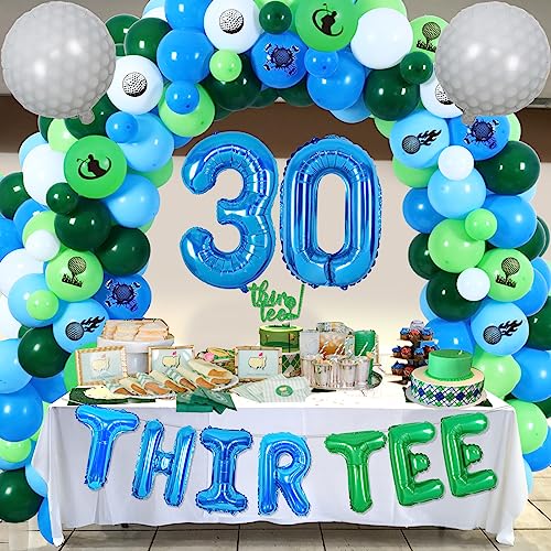 Golf 30th Birthday Decorations for Men, Thir-Tee Balloon Garland Kit with Glitter Thirtee Cake Topper, Golf Ball Balloons, Number 30 Balloon, Sports 30th Birthday Party Supplies