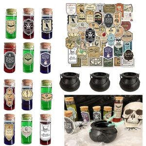 65pcs halloween potion bottles set for halloween party - 12pcs mini potion vials, 50pcs halloween stickers, 3pcs witch cauldron - witch brew halloween party favor, halloween home kitchen decoration