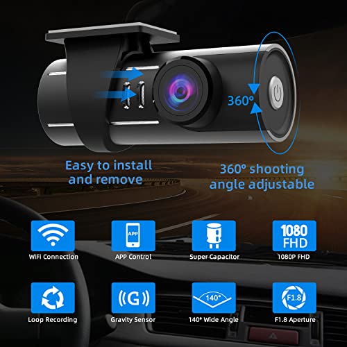 Dash Cam WiFi 1080P FHD,Super Capacitor Mini Dashcam Front,ERIDAX Dash Camera for Cars with APP,360 Degree Rotation,Night Vision,140° Wide Angle,G-Sensor,WDR,F1.8 Aperture,Loop-Recording