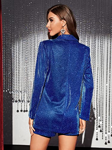 WDIRARA Women's Glitter Lapel Neck Long Sleeve Blazer Button Front Party Jacket Blue M