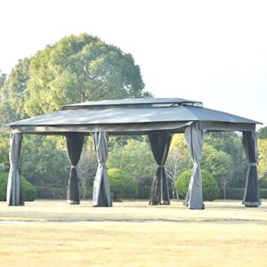 110x220 gazebo canopy with galvanized steel double roof, aluminum frame, permanent pavilion outdoor gazebo with oxford cloth and curtains for patio, garden, backyard, gray