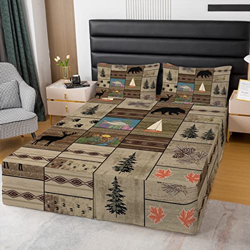 Retro Brown Cabin Bedskirt Full,Patchwork Woodland Bear Deer Bed Skirt for Rustic Lodge,Farmhouse Wooden Wild Animal Bedding Set for Boys Adults Men,Fish Duck Boat Bed Skirts 3 Pcs