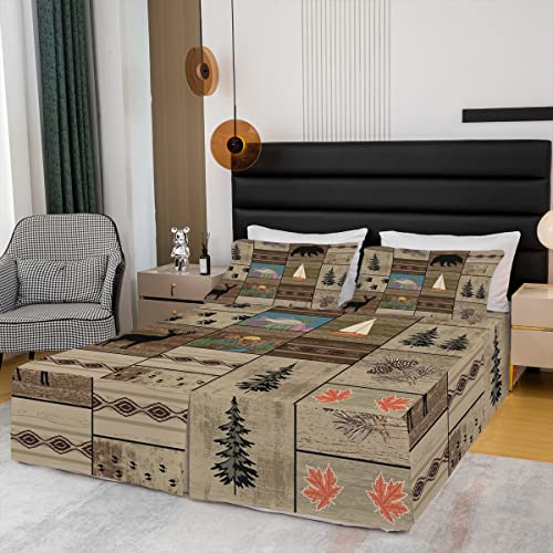 Retro Brown Cabin Bedskirt Full,Patchwork Woodland Bear Deer Bed Skirt for Rustic Lodge,Farmhouse Wooden Wild Animal Bedding Set for Boys Adults Men,Fish Duck Boat Bed Skirts 3 Pcs