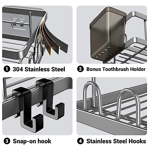 Corner Shower Caddy Bathroom Organizer: 2 Pack Adhesive Shower Shelf Decor- No Drilling Stainless Steel Shower Storage Rack with Hooks and Toothpaste Holder - Bathroom Accessories Shower Stuff