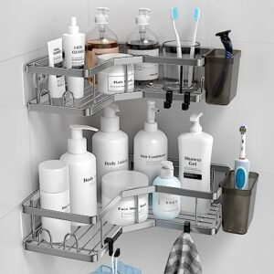 corner shower caddy bathroom organizer: 2 pack adhesive shower shelf decor- no drilling stainless steel shower storage rack with hooks and toothpaste holder - bathroom accessories shower stuff