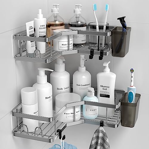 Corner Shower Caddy Bathroom Organizer: 2 Pack Adhesive Shower Shelf Decor- No Drilling Stainless Steel Shower Storage Rack with Hooks and Toothpaste Holder - Bathroom Accessories Shower Stuff