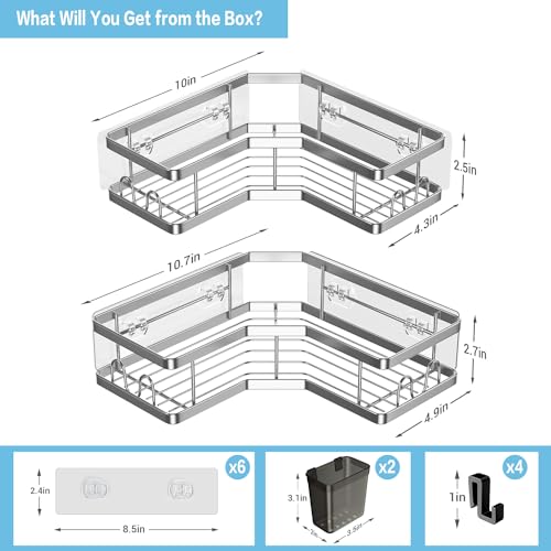 Corner Shower Caddy Bathroom Organizer: 2 Pack Adhesive Shower Shelf Decor- No Drilling Stainless Steel Shower Storage Rack with Hooks and Toothpaste Holder - Bathroom Accessories Shower Stuff