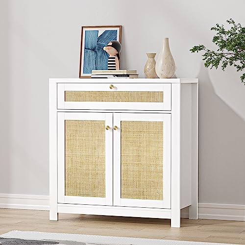 Giluta White Rattan Sideboard Cabinet Kitchen Buffet Cabinet Storage Cabinet with Door and Drawer, Accent Cabinet Freestanding Coffee Cabinet Cupboard Console Table for Dining Room Living Room Hallway