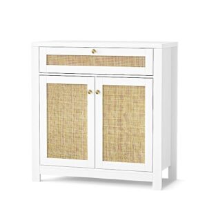 Giluta White Rattan Sideboard Cabinet Kitchen Buffet Cabinet Storage Cabinet with Door and Drawer, Accent Cabinet Freestanding Coffee Cabinet Cupboard Console Table for Dining Room Living Room Hallway