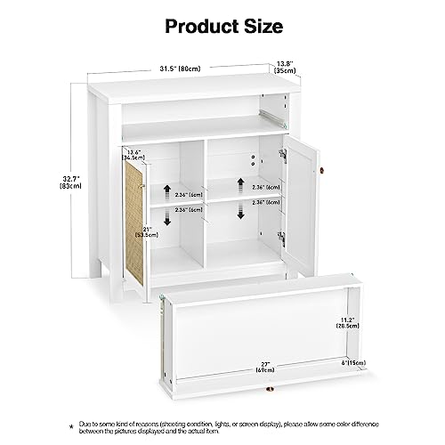 Giluta White Rattan Sideboard Cabinet Kitchen Buffet Cabinet Storage Cabinet with Door and Drawer, Accent Cabinet Freestanding Coffee Cabinet Cupboard Console Table for Dining Room Living Room Hallway