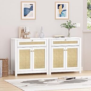 Giluta White Rattan Sideboard Cabinet Kitchen Buffet Cabinet Storage Cabinet with Door and Drawer, Accent Cabinet Freestanding Coffee Cabinet Cupboard Console Table for Dining Room Living Room Hallway