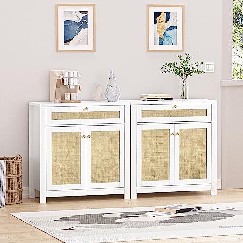 Giluta White Rattan Sideboard Cabinet Kitchen Buffet Cabinet Storage Cabinet with Door and Drawer, Accent Cabinet Freestanding Coffee Cabinet Cupboard Console Table for Dining Room Living Room Hallway