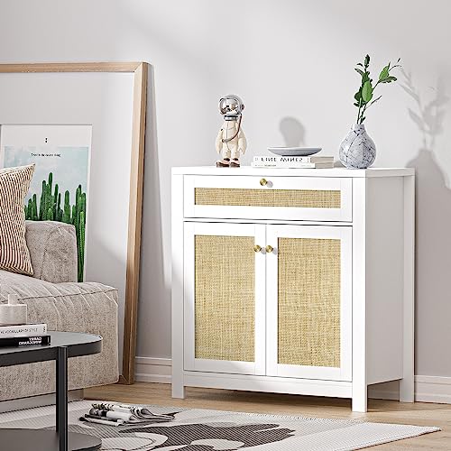 Giluta White Rattan Sideboard Cabinet Kitchen Buffet Cabinet Storage Cabinet with Door and Drawer, Accent Cabinet Freestanding Coffee Cabinet Cupboard Console Table for Dining Room Living Room Hallway