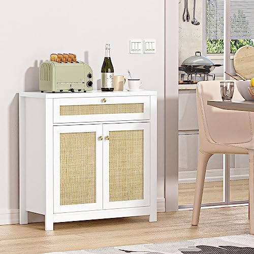 Giluta White Rattan Sideboard Cabinet Kitchen Buffet Cabinet Storage Cabinet with Door and Drawer, Accent Cabinet Freestanding Coffee Cabinet Cupboard Console Table for Dining Room Living Room Hallway