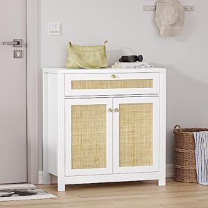 Giluta White Rattan Sideboard Cabinet Kitchen Buffet Cabinet Storage Cabinet with Door and Drawer, Accent Cabinet Freestanding Coffee Cabinet Cupboard Console Table for Dining Room Living Room Hallway