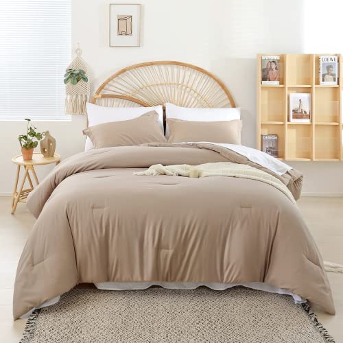 weigelia California King Comforter Set Boho Taupe Cal King Bed Set 7 Pieces Comforter Set with Sheets Solid Lightweight Bed Comforter Microfiber Cal King Bedding Set Soft All Season for Women Men