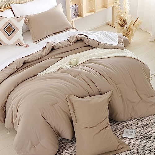 weigelia California King Comforter Set Boho Taupe Cal King Bed Set 7 Pieces Comforter Set with Sheets Solid Lightweight Bed Comforter Microfiber Cal King Bedding Set Soft All Season for Women Men