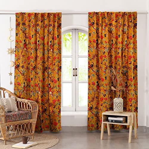 Velvet Curtains, Luxury Drapes for Living & Bedroom Curtains, Many Color Velvet Curtains, Boho Custom Curtains Window Treatments Panels, Floral & Bird (1, Yellow, 47 W X 84 L)