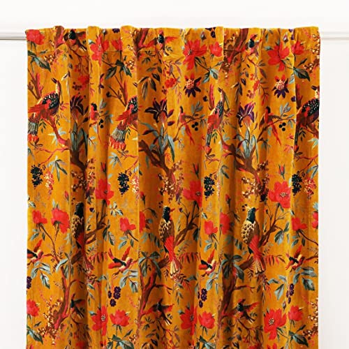 Velvet Curtains, Luxury Drapes for Living & Bedroom Curtains, Many Color Velvet Curtains, Boho Custom Curtains Window Treatments Panels, Floral & Bird (1, Yellow, 47 W X 84 L)