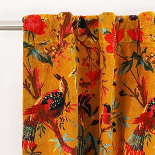 Velvet Curtains, Luxury Drapes for Living & Bedroom Curtains, Many Color Velvet Curtains, Boho Custom Curtains Window Treatments Panels, Floral & Bird (1, Yellow, 47 W X 84 L)