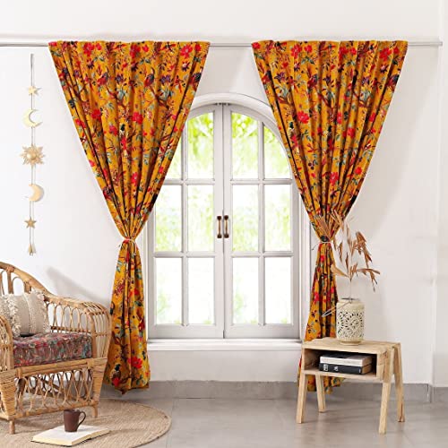 Velvet Curtains, Luxury Drapes for Living & Bedroom Curtains, Many Color Velvet Curtains, Boho Custom Curtains Window Treatments Panels, Floral & Bird (1, Yellow, 47 W X 84 L)