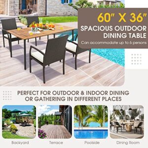 Tangkula Patio Acacia Wood Dining Table for 6 Persons, Large Rectangular Dining Table with Metal Legs, Umbrella Hole, Farmhouse Indoor Outdoor Dining Furniture for Yard Deck Lawn, 63”L x 36”W x 30”H