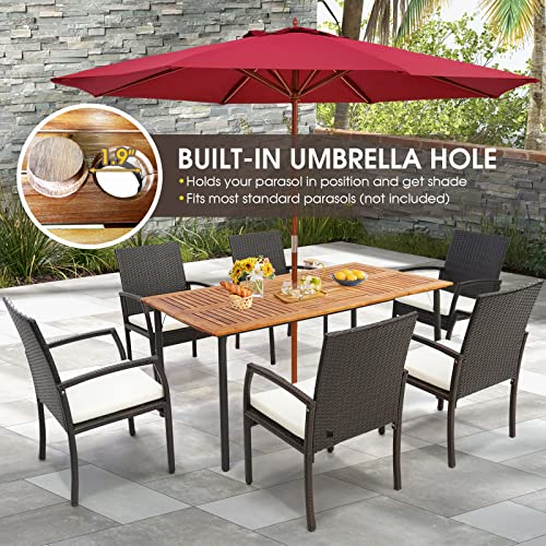 Tangkula Patio Acacia Wood Dining Table for 6 Persons, Large Rectangular Dining Table with Metal Legs, Umbrella Hole, Farmhouse Indoor Outdoor Dining Furniture for Yard Deck Lawn, 63”L x 36”W x 30”H