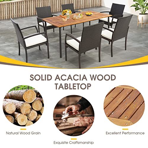 Tangkula Patio Acacia Wood Dining Table for 6 Persons, Large Rectangular Dining Table with Metal Legs, Umbrella Hole, Farmhouse Indoor Outdoor Dining Furniture for Yard Deck Lawn, 63”L x 36”W x 30”H