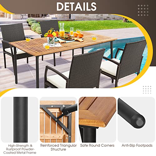 Tangkula Patio Acacia Wood Dining Table for 6 Persons, Large Rectangular Dining Table with Metal Legs, Umbrella Hole, Farmhouse Indoor Outdoor Dining Furniture for Yard Deck Lawn, 63”L x 36”W x 30”H