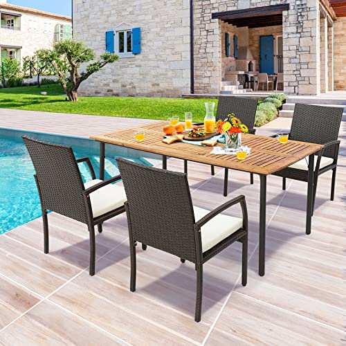 Tangkula Patio Acacia Wood Dining Table for 6 Persons, Large Rectangular Dining Table with Metal Legs, Umbrella Hole, Farmhouse Indoor Outdoor Dining Furniture for Yard Deck Lawn, 63”L x 36”W x 30”H