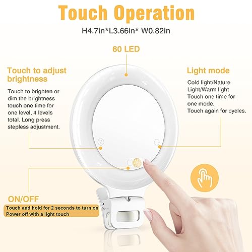 Ring Light, 3 Light Mode Selfie Light Rechargeable Large Capacity Battery Portable 60 LED Adjustable Brightness Clip on Light for Phone, iPad, Laptop, for Makeup, TikTok, Photography, Vlog, YouTube